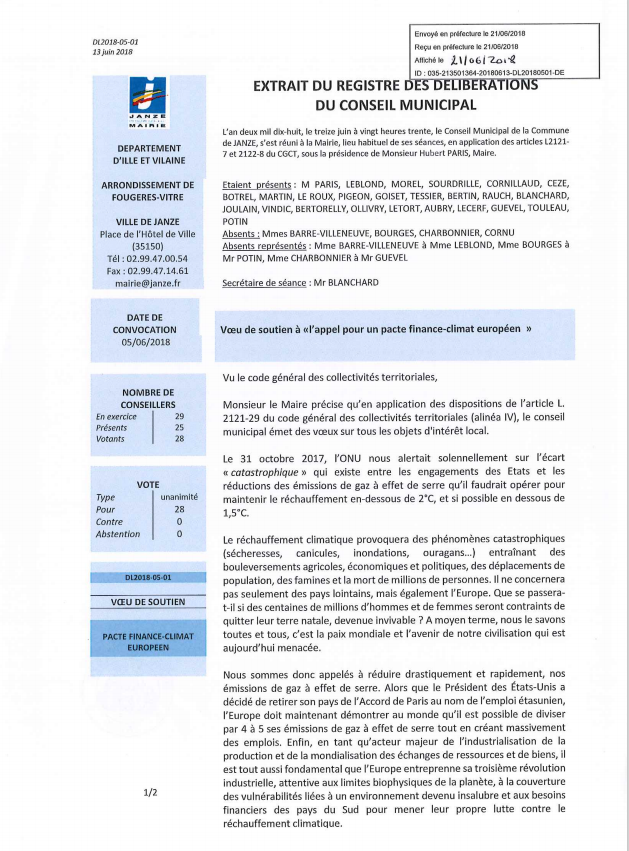 Soutien de la commune de Janzé | Agir pour le Climat - Pacte Finance-Climat